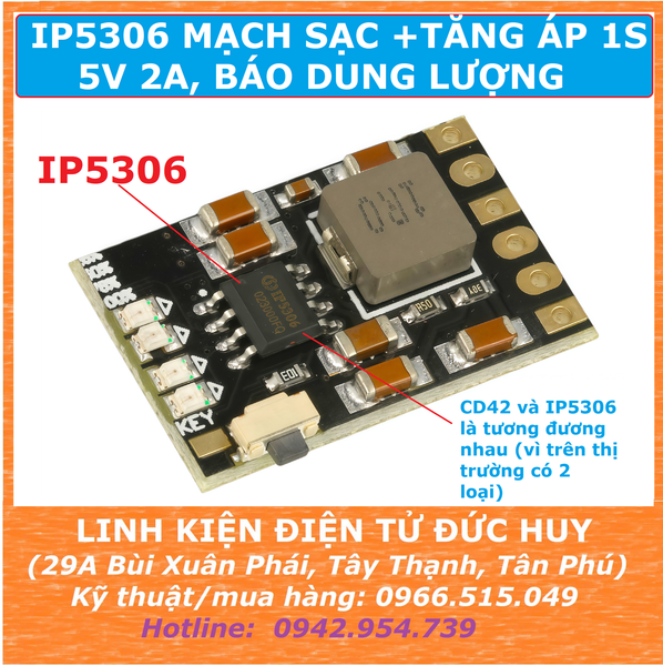 MHCD42 IP5306 MẠCH SẠC PIN 1S KÈM TĂNG ÁP 5V 2A, CÓ ĐÈN BÁO DUNG LƯỢNG – LINH KIỆN ĐIỆN TỬ ĐỨC ...