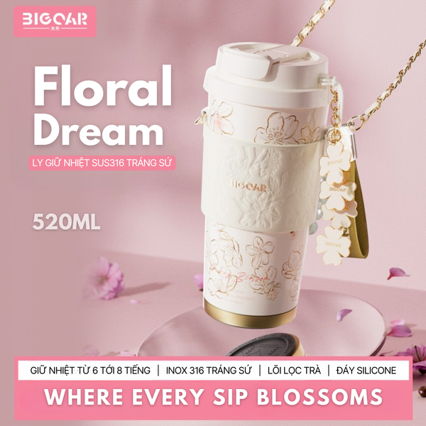 [520ML] Ly giữ nhiệt cao cấp inox 316 tráng sứ Floral Dream Big Car – SDHome - Gia Dụng Nhập Khẩu