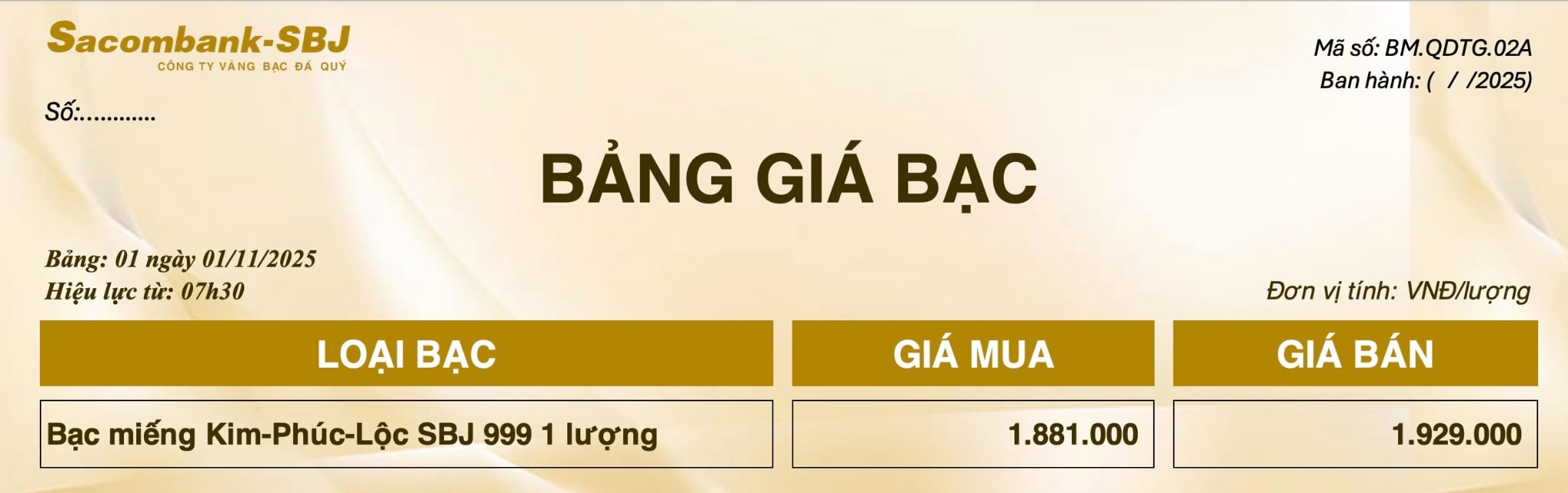 Bảng Tỷ Giá Bạc - Ngày 01/11/2025 - Bảng 1 – Sacombank-SBJ