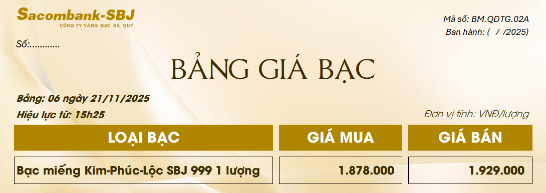 Bảng Tỷ Giá Bạc - Ngày 21/11/2025 - Bảng 6 – Sacombank-SBJ