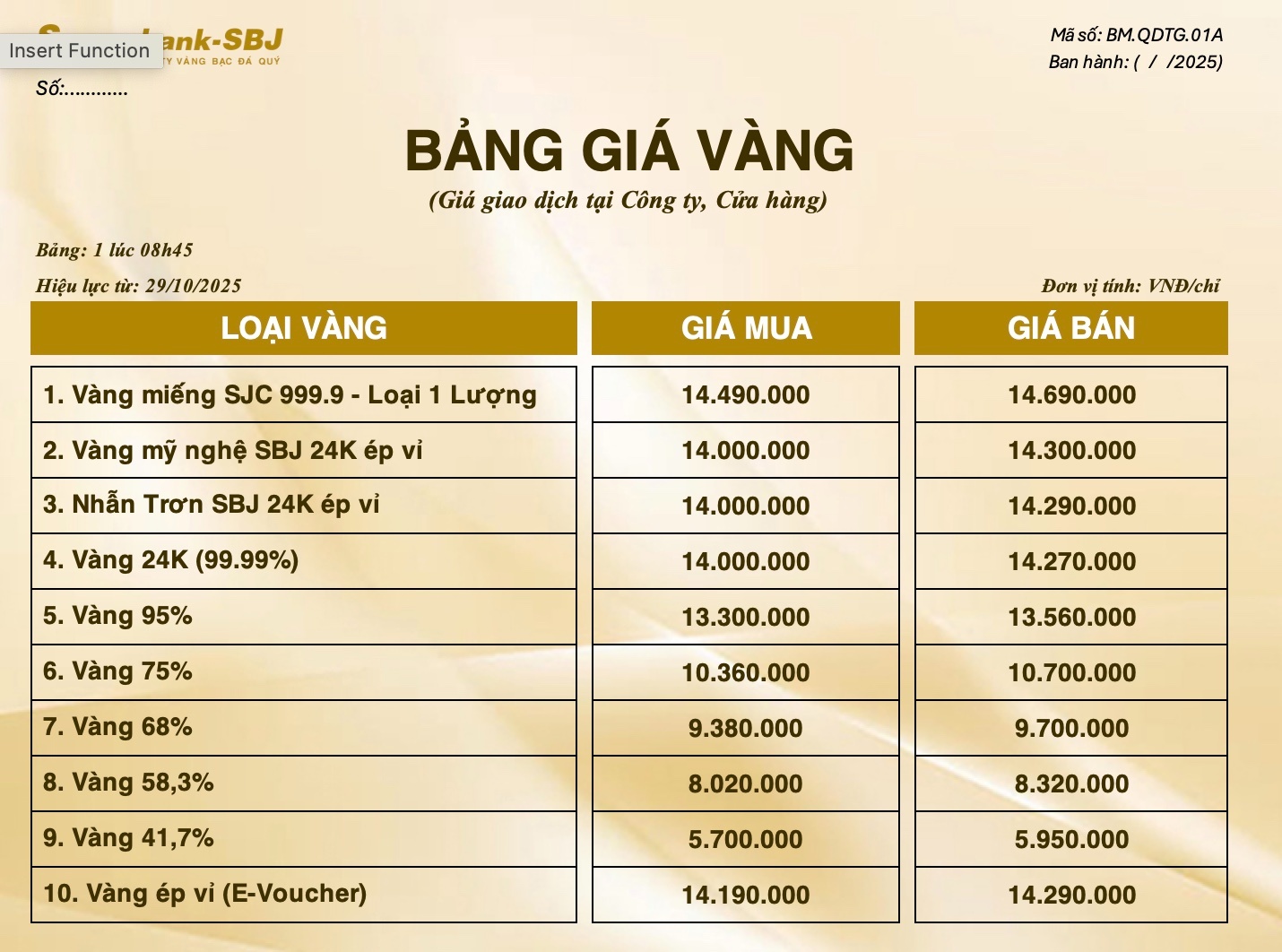 Bảng Tỷ Giá Vàng - Ngày 08/10/2025 - Bảng 1 - Tại CH 278 NKKN TP HCM ...