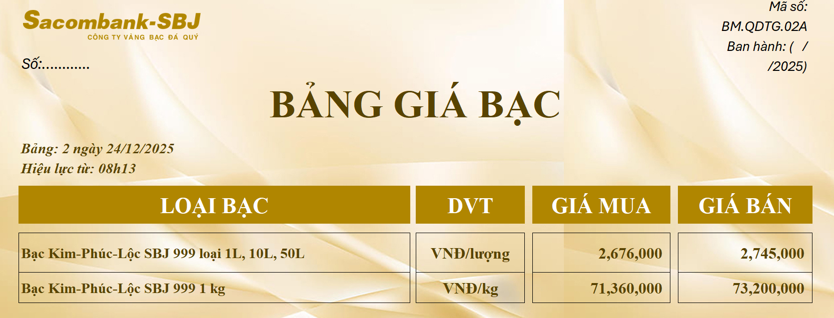 Bảng Tỷ Giá Bạc - Ngày 24/12/2025 - Bảng 2 – Sacombank-SBJ
