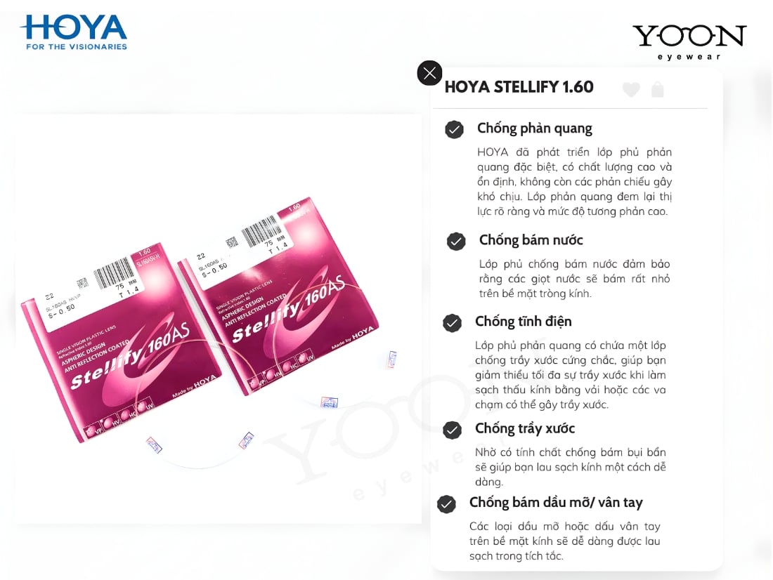Tròng Kính Hoya Stellify HVP 1.60 – Chống Chói Hiệu Quả – Mắt Kính Yoon