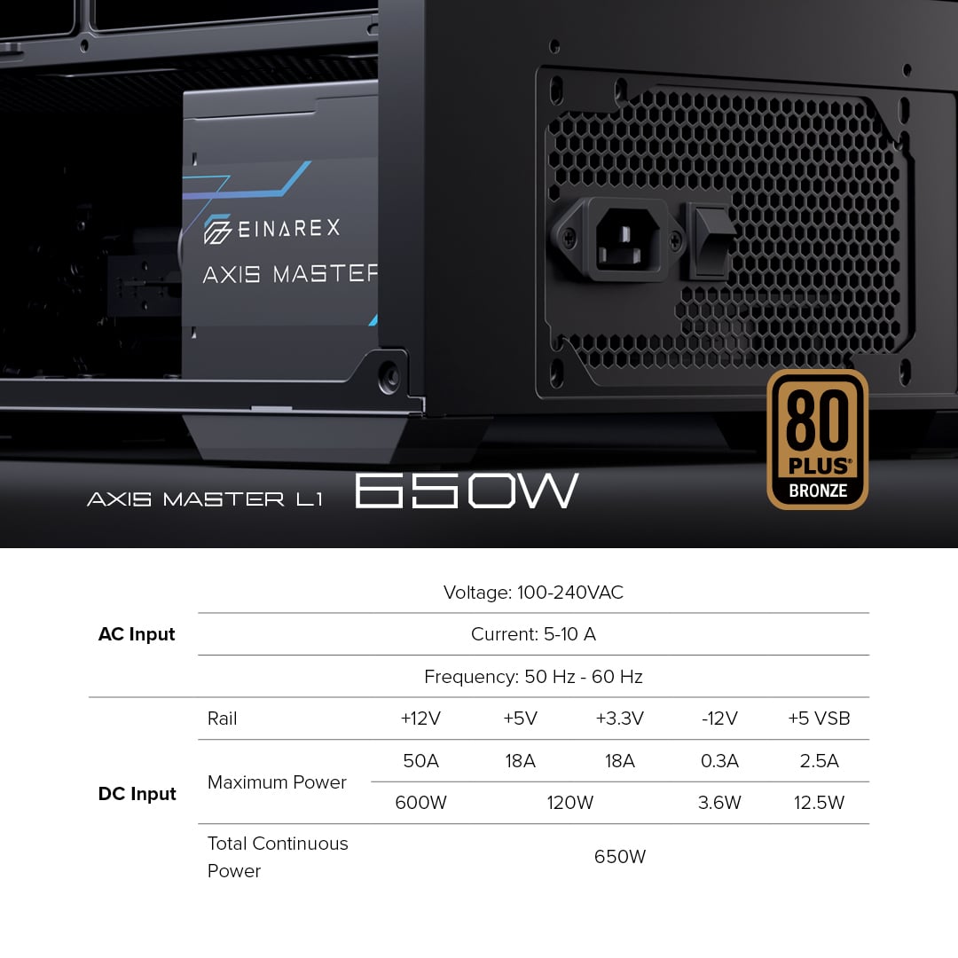 Nguồn máy tính Einarex AXIS MASTER L1 650W 80Plus Bronze