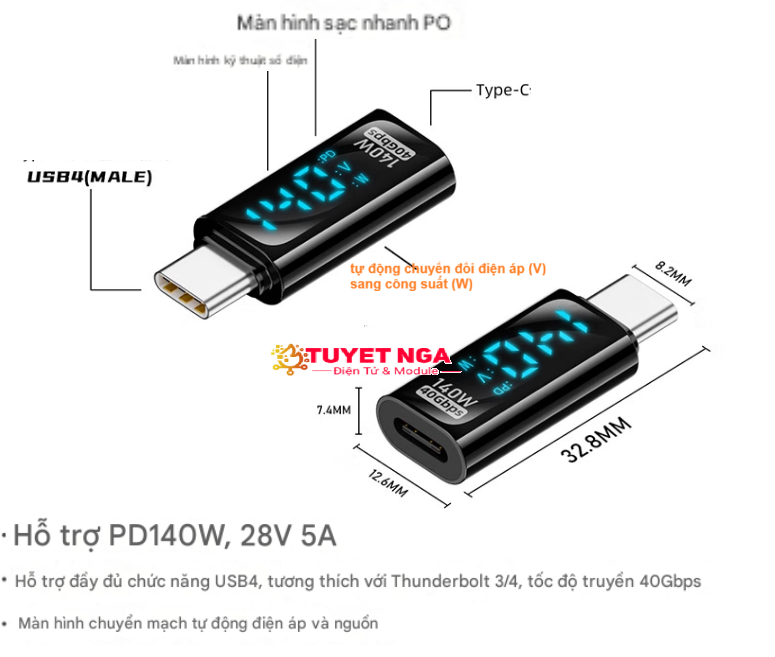Đồng hồ đo công suất sạc nhanh USB-C 140W (USB4/40Gbps) – ĐIỆN TỬ TUYẾT NGA