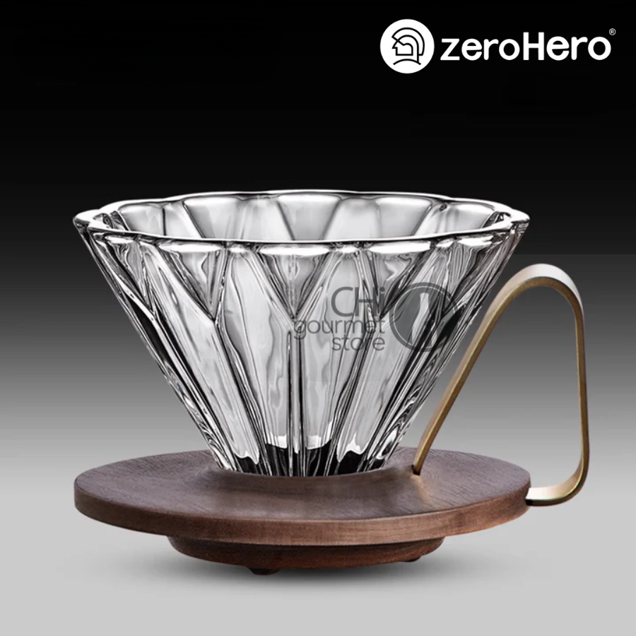 Phễu Pha Cà Phê Bằng Thủy Tinh Đế Gỗ Prisma Walnut Glass Dripper zeroH – CHi Gourmet Store