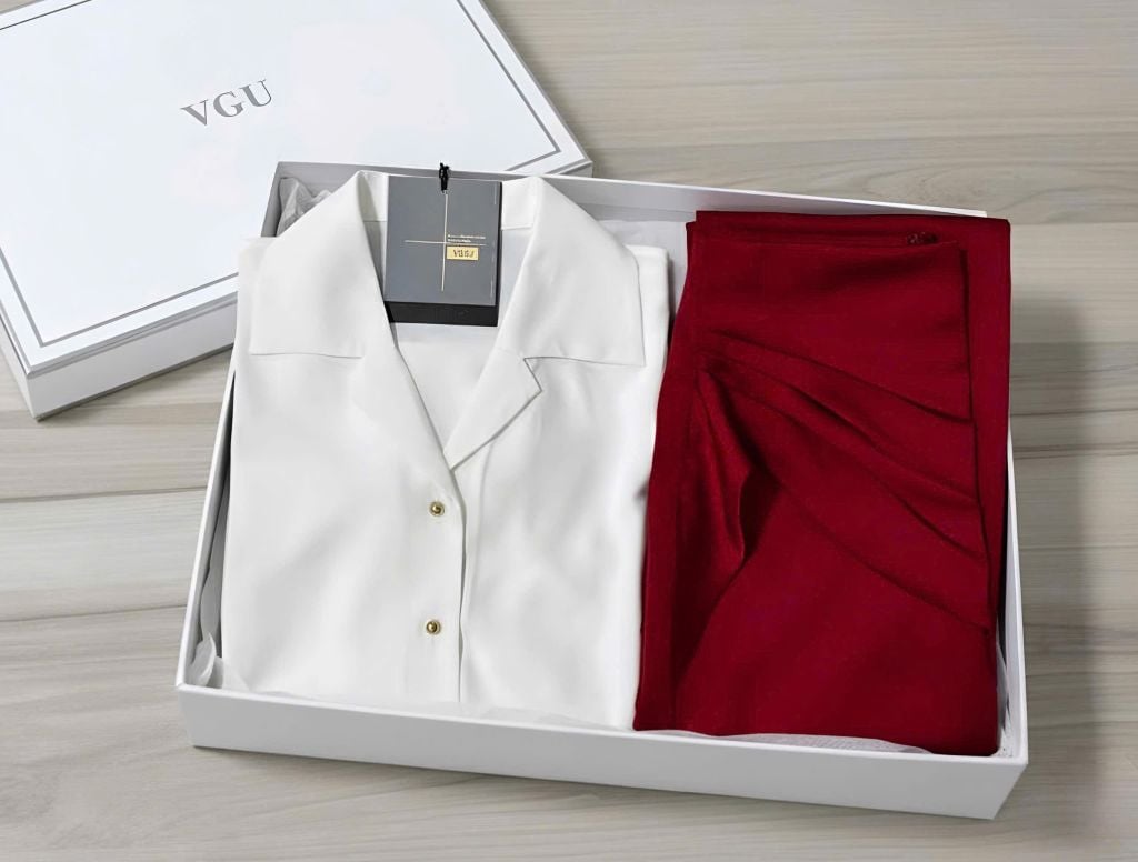 VGU1790 - SET ÁO SƠ MI TAY DÀI - CHÂN VÁY KIỂU MÀU ĐỎ