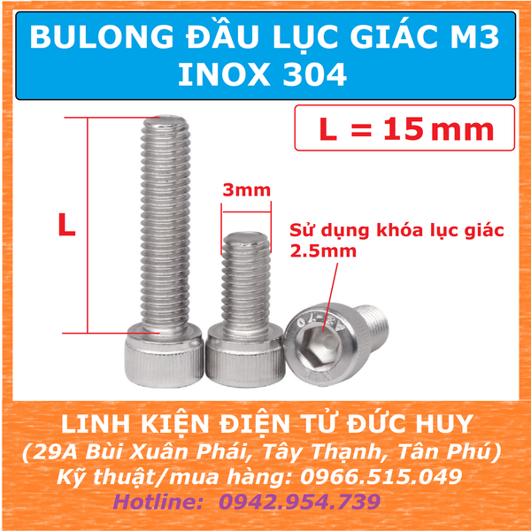 Bulong lục giác M3 15mm, Inox 304 – LINH KIỆN ĐIỆN TỬ ĐỨC HUY (29A BÙI XUÂN PHÁI)