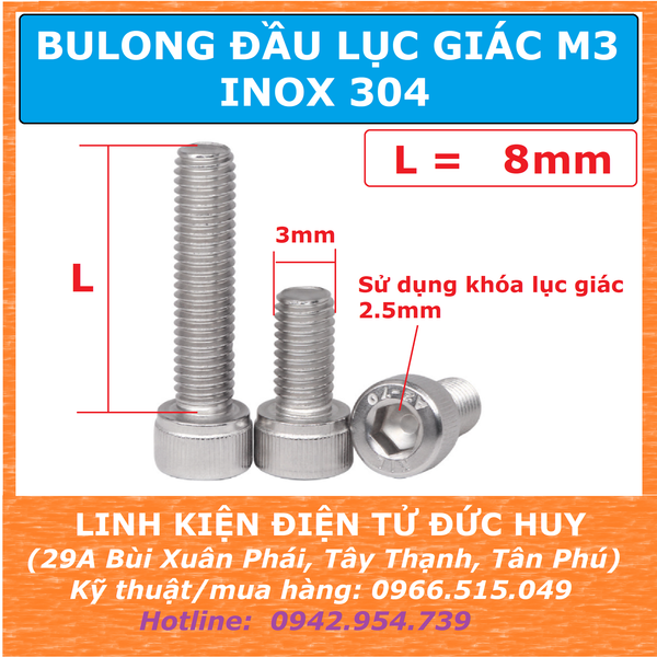 Bulong lục giác M3 8mm, Inox 304 – LINH KIỆN ĐIỆN TỬ ĐỨC HUY (29A BÙI XUÂN PHÁI)