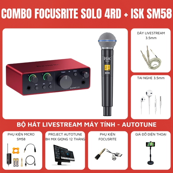 Bộ thu âm Focusrite Scarlett Solo (Gen 4) Micro thu âm iSK SM58 - Pustudio.vn