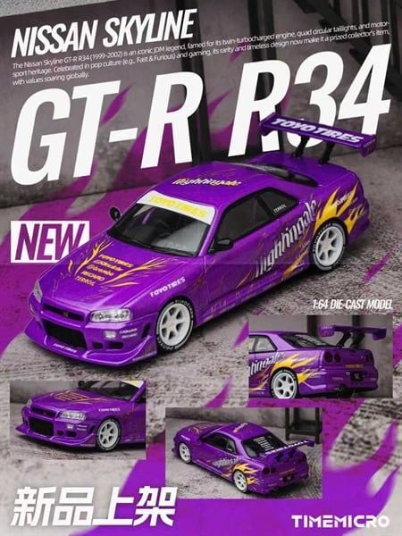 Mô hình xe Skyline GT-R R34 “Drift Flame” Purple tỉ lệ 1:64 Time Micro ...