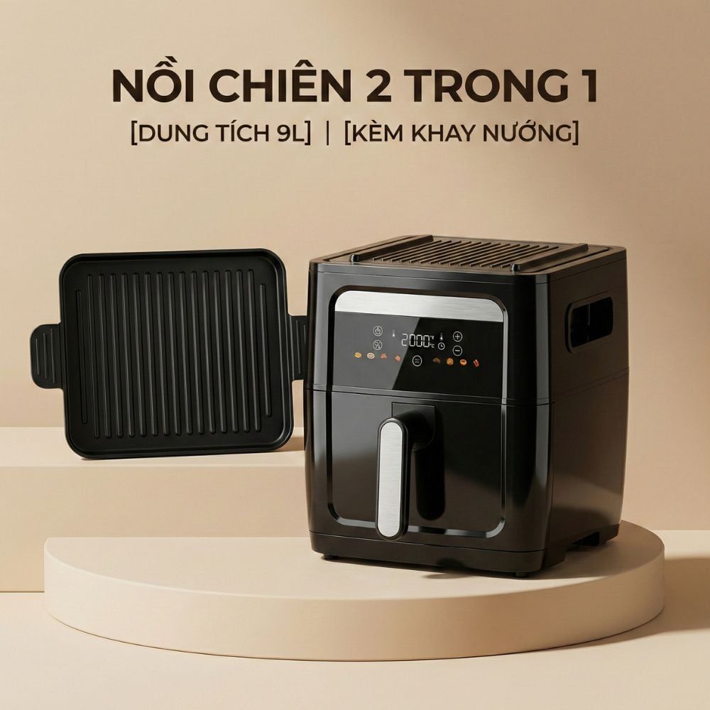 Nồi Chiên Không Dầu 2-in-1 Mishio MK407 - Kèm Vỉ Nướng
