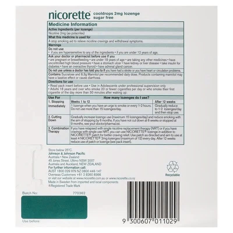 Viên Ngậm Cai Thuốc Lá Nicorette Cooldrops Nicotine Lozenge Icy Mint N
