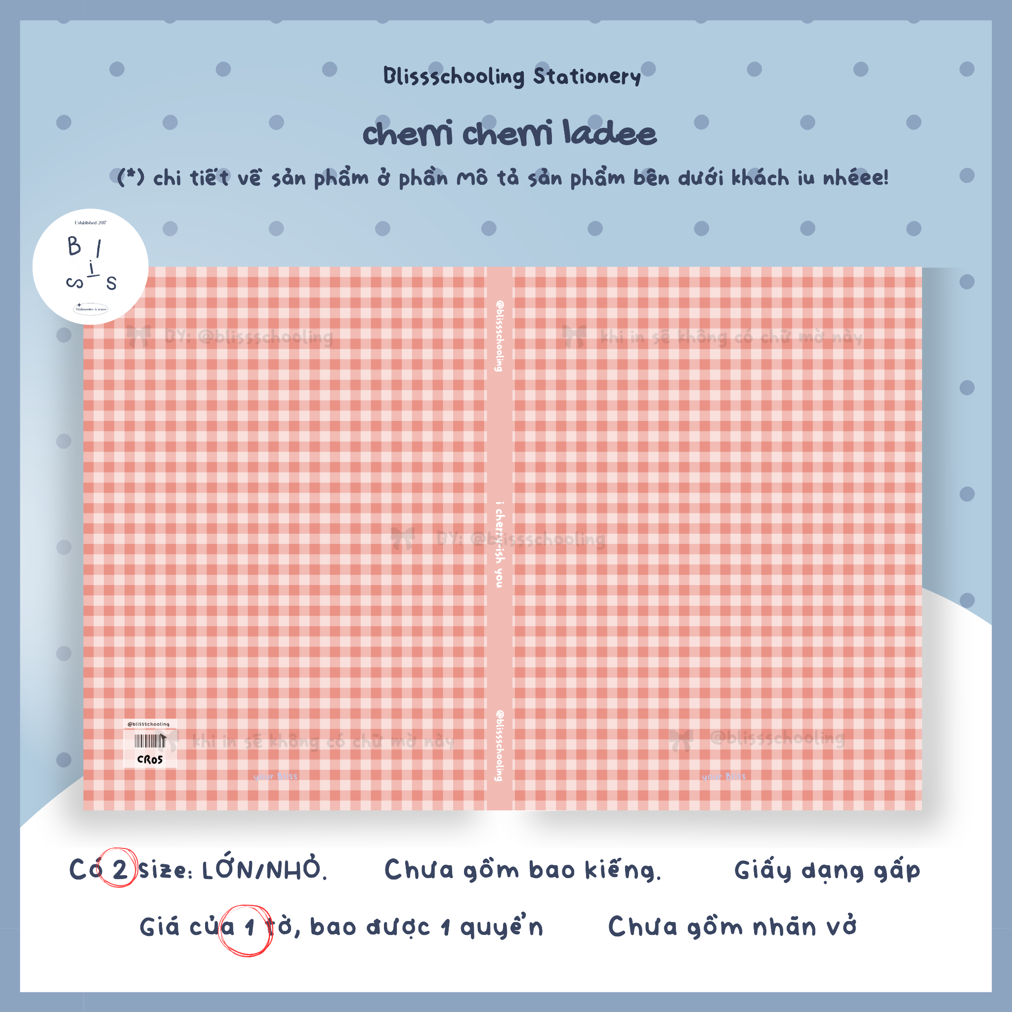 [cherri cherri ladee ] Giấy bao tập, bọc vở, bao sách nơ cherry – Blissschooling - Giấy Bao Tập ...