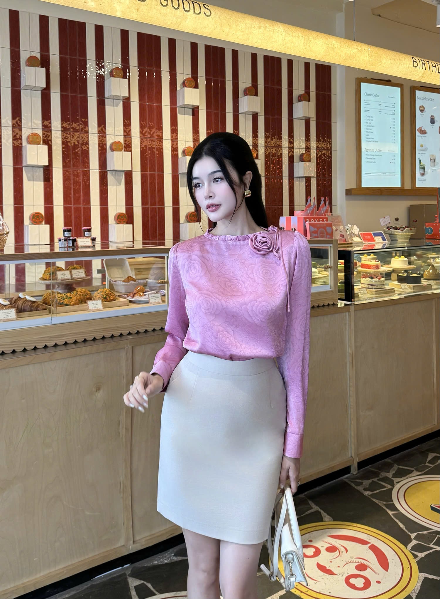 SƠ MI VÂN MÂY BÈO HOA NÚT VAI HỒNG