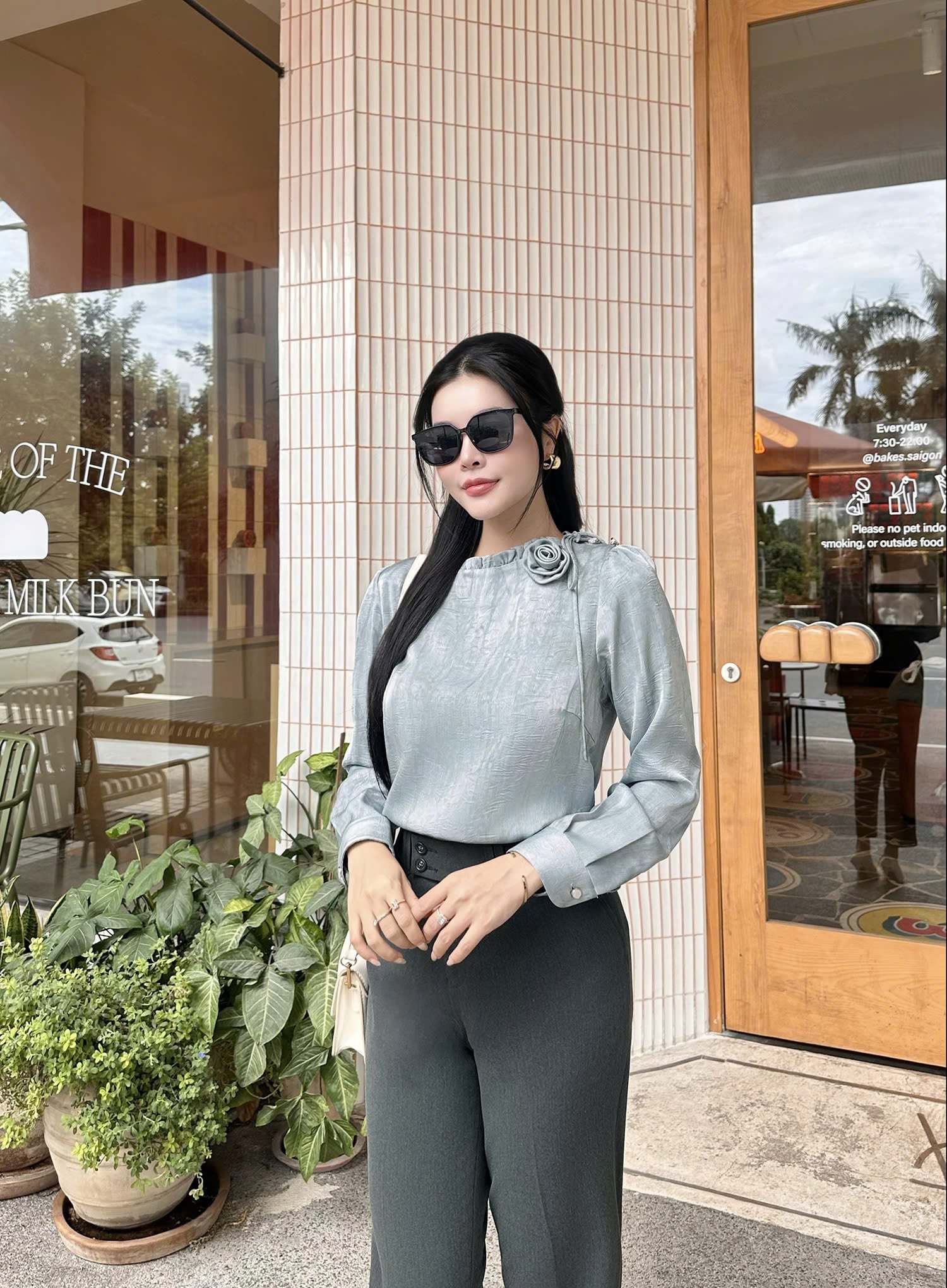 SƠ MI VÂN MÂY BÈO HOA NÚT VAI XANH