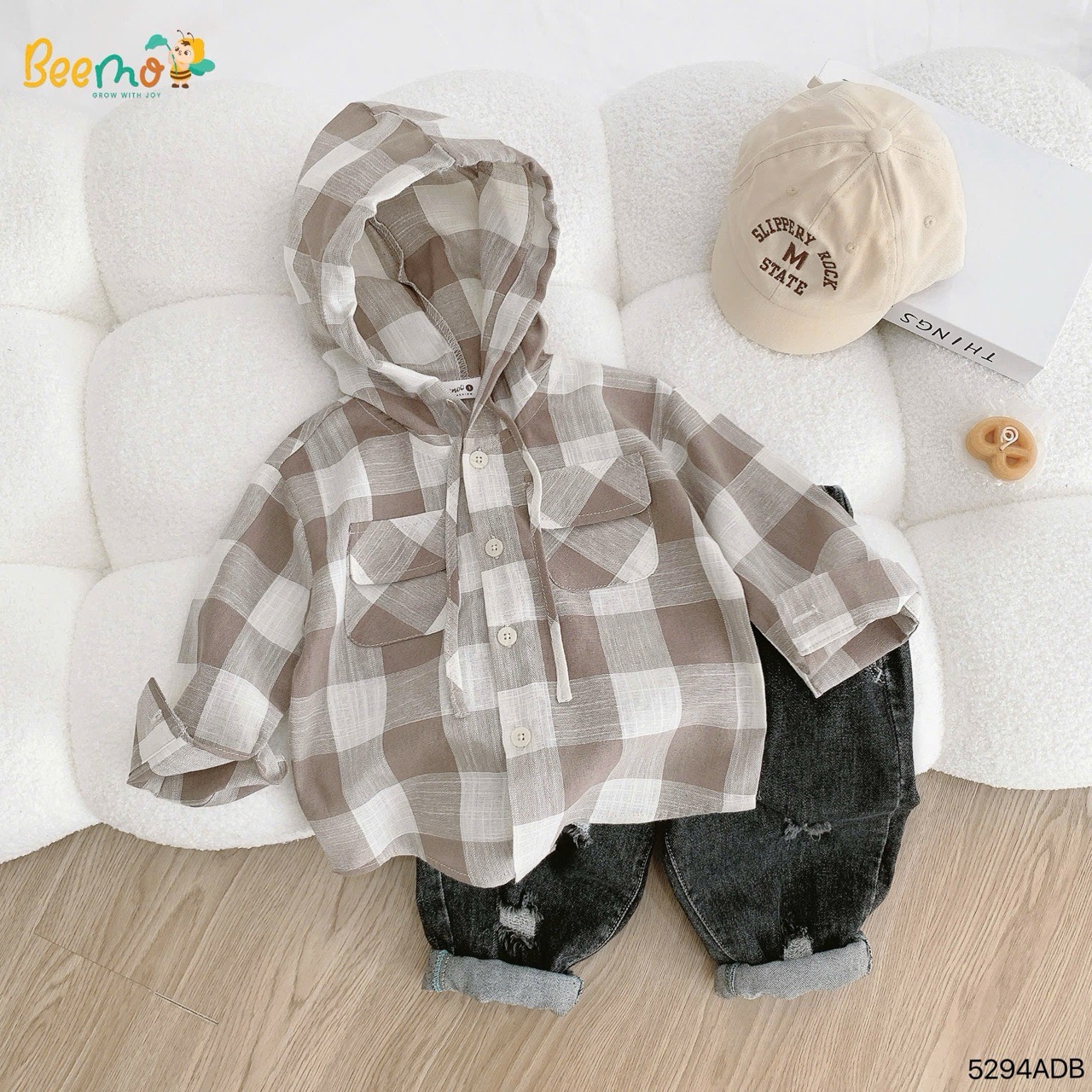 Áo sơ mi Beemo kẻ caro liền mũ 2 màu cho bé size 80-130 SHIN Baby Closet