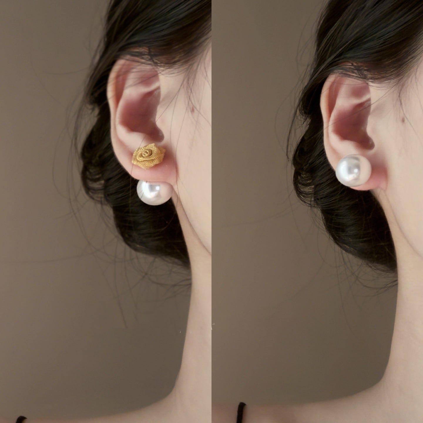 Bông tai ngọc trai kết hợp hoa hồng lưới ren cao cấp, đeo trước và sau ...