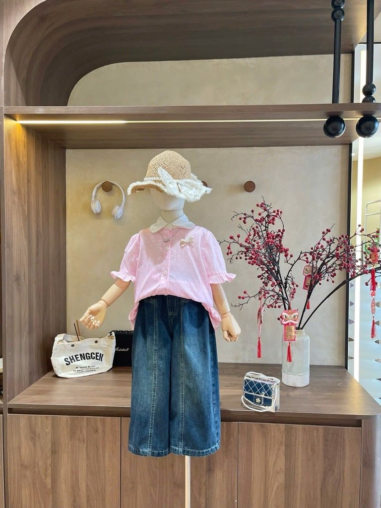 G407 SET ÁO HỒNG CHẤM BI + QUẦN JEAN LỬNG