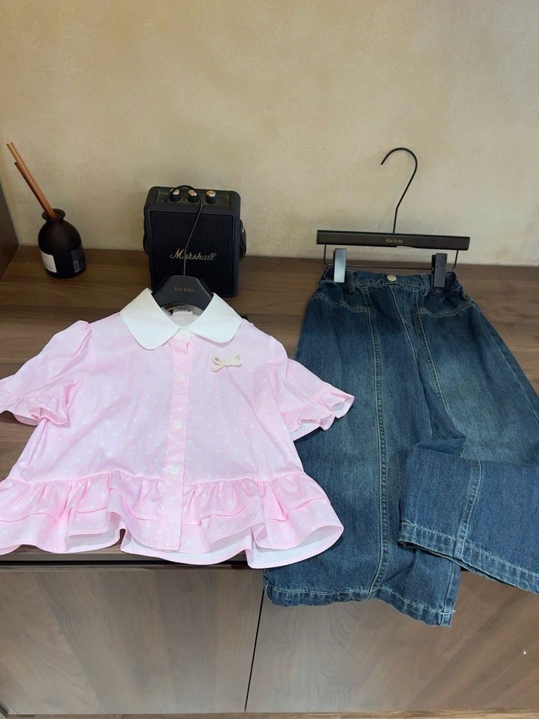 G407 SET ÁO HỒNG CHẤM BI + QUẦN JEAN LỬNG