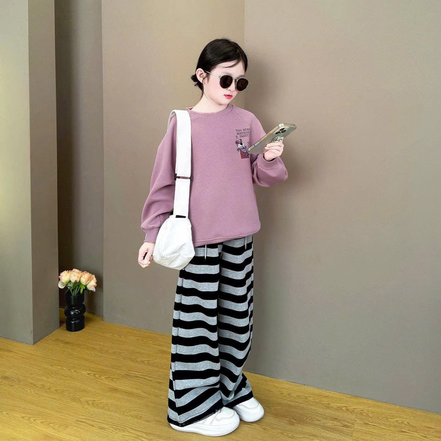 G342 SET ÁO TÍM TAY DÀI HÌNH GẤU + QUẦN SỌC