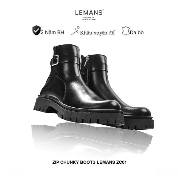 Giày Zip Chunky Boots Lemans nam Da bò nguyên tấm - Đế Chunky cao su đ ...