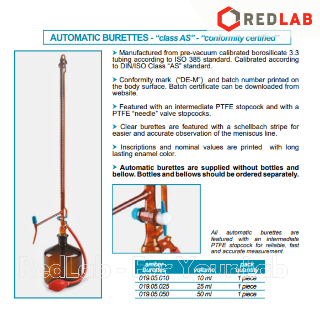 Buret tự động thuỷ tinh nâu ISOLAB khóa PTFE Class AS 25 50 ml - RedLAB ...