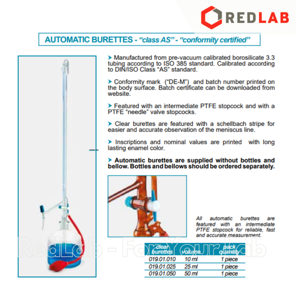 Buret tự động trắng ISOLAB khóa PTFE Class AS 10 25 50 ml, automatic ...