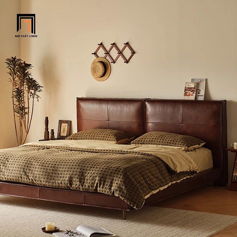 Giường ngủ bọc da màu nâu đậm GN131 Seaton cho gia đình – Nội thất Linco Bình Định