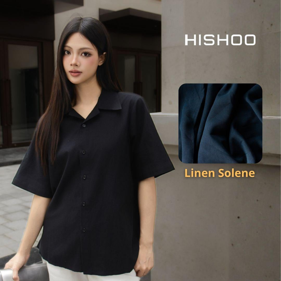 Áo Sơ Mi Nữ Đen Relax Form Rộng, Cổ Danton, Lai Ngang Linen Solene Vải
