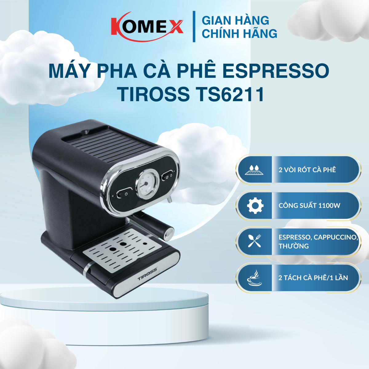 Máy pha cà phê Tiross TS6211 1100W bán tự động, áp suất 15 bar, phù hợ ...