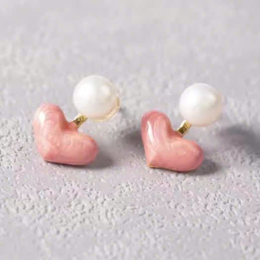 Bông Tai Ngọc Trai Tự Nhiên PINK LOVE Trái Tim Hồng Đáng Yêu