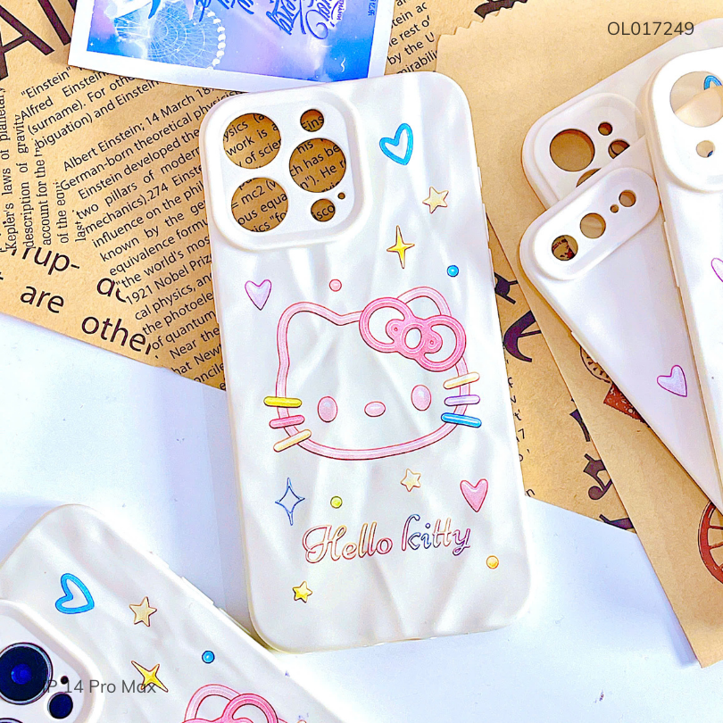 Ốp IP 14 Pro Max dẻo vân giấy nhàu mặt Hello Kitty