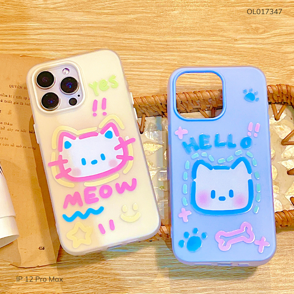 Ốp IP 12 Pro Max 2 lớp mặt thú nét đứt Hello/Meow