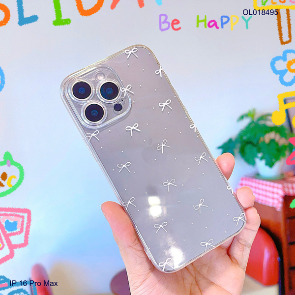 Ốp IP 16 Pro Max dẻo trong in nơ nhí trắng
