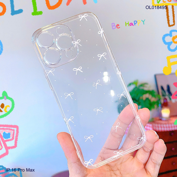 Ốp IP 16 Pro Max dẻo trong in nơ nhí trắng