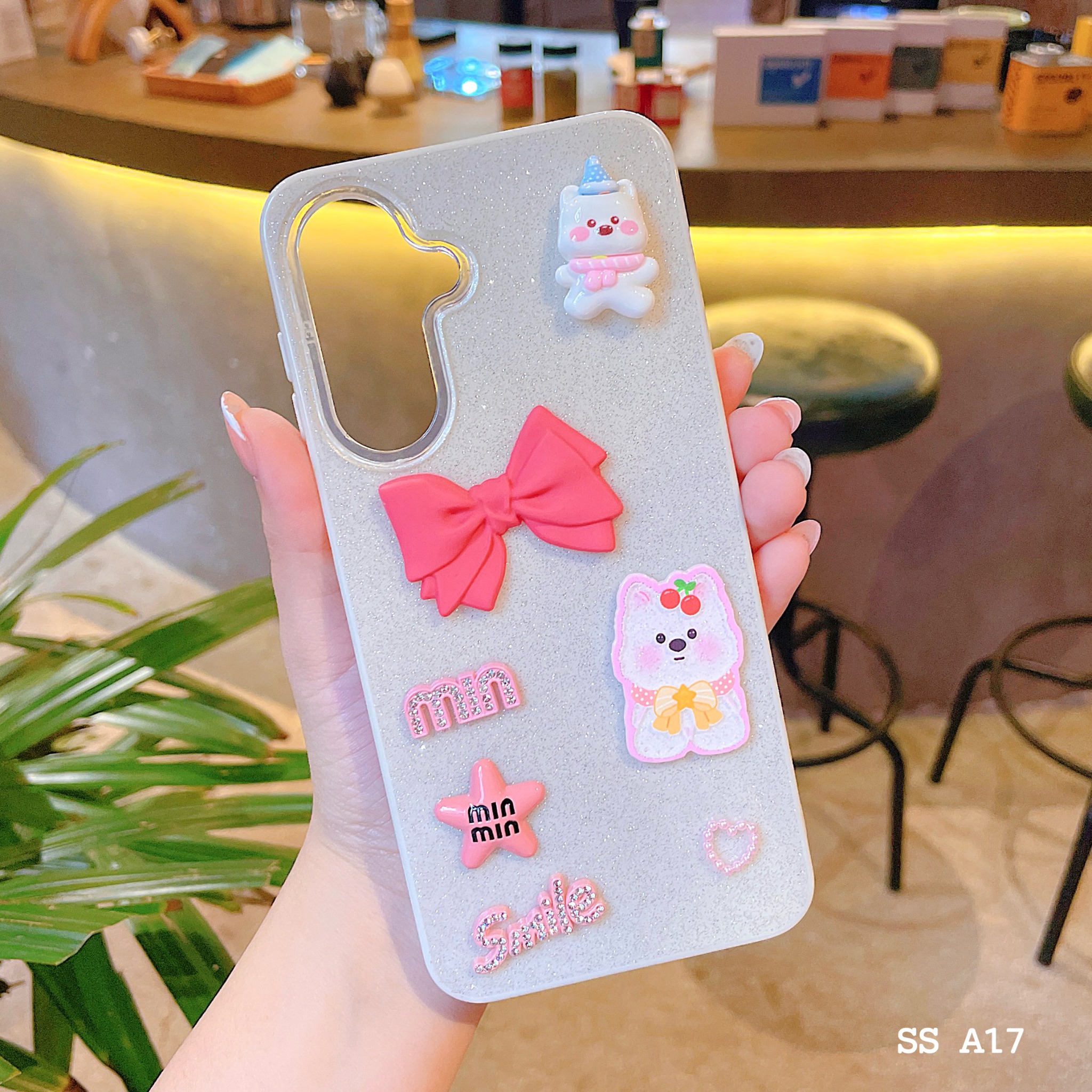 Ốp SS A17 lưng nhũ kim tuyến sticker nổi cún nơ hồng