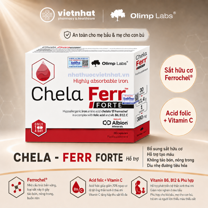 Sắt Chela Ferr Forte (Sắt Bisglycinate + Folic + B12 + C) - 30 viên