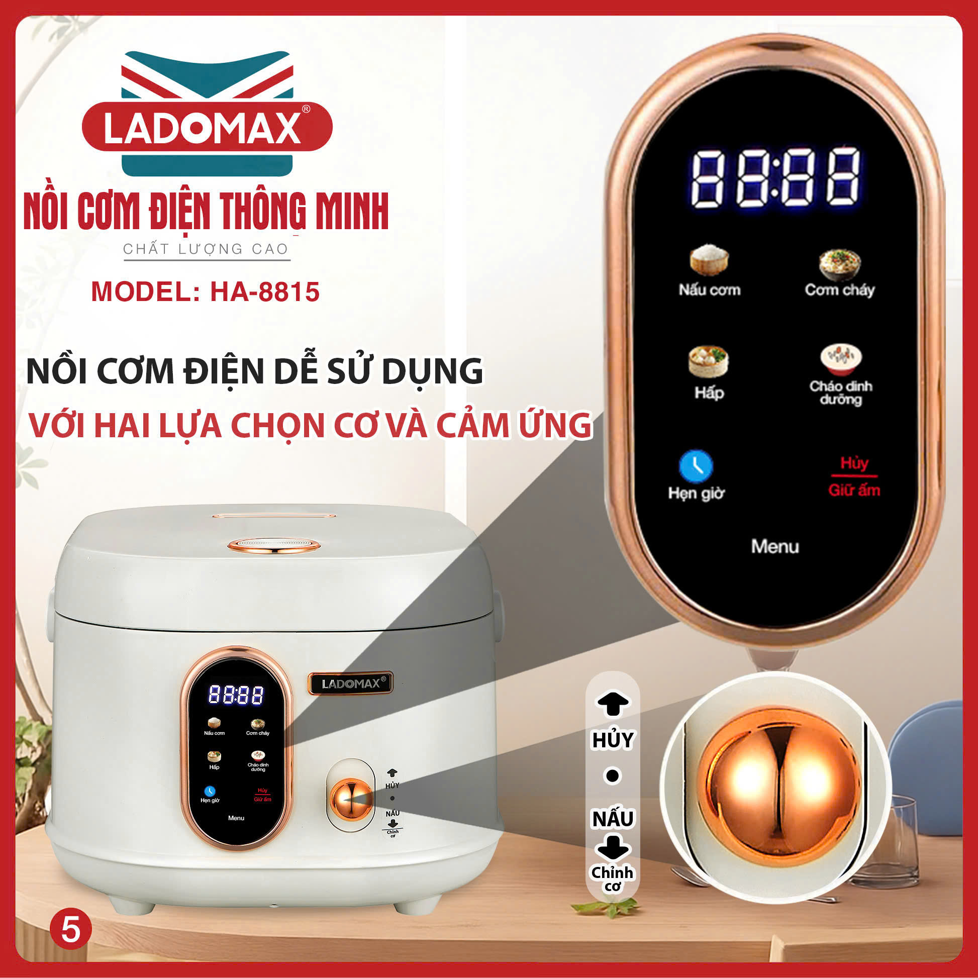 Nồi cơm điện xách tay thông minh 1.5L HA-8815- Lòng Gang Ladomax Vietnam