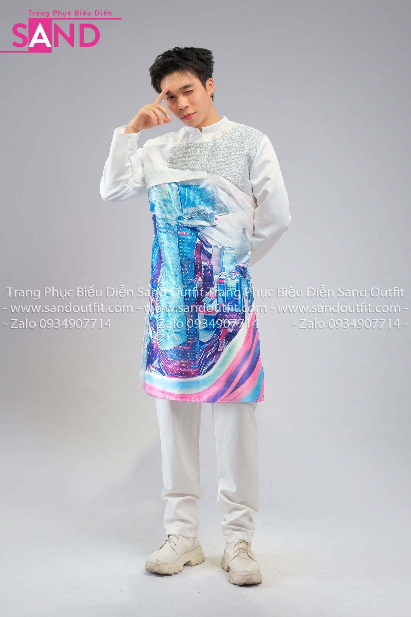 TAD0811 Áo Dài Nam Cách In Hoạ Tiết Toàn Nhà - Xanh – Sand Outfit