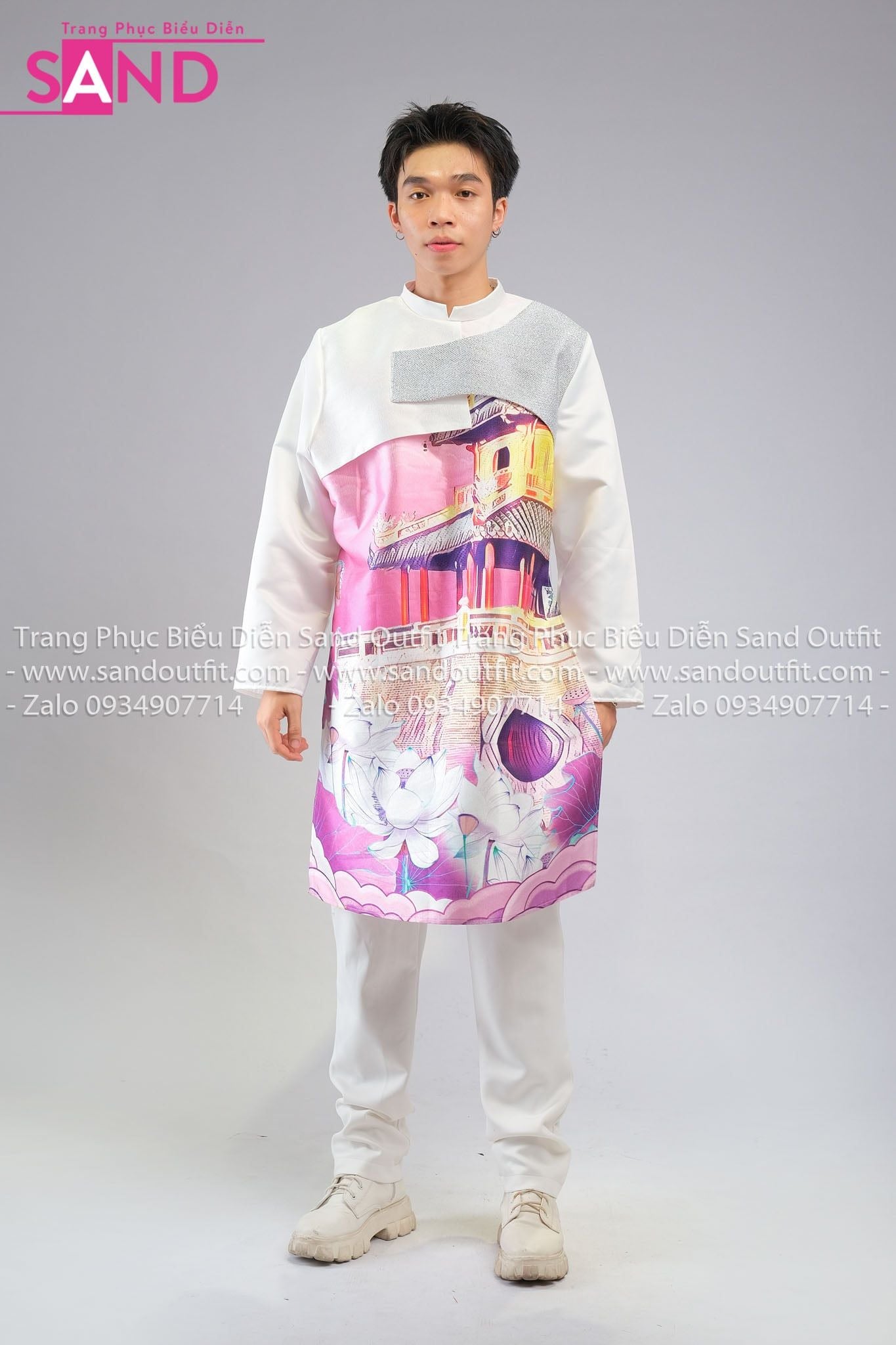 TAD0702 Áo Dài Nam Táp Trắng Cách Tân In Phong Cảnh Sen - Tím – Sand Outfit