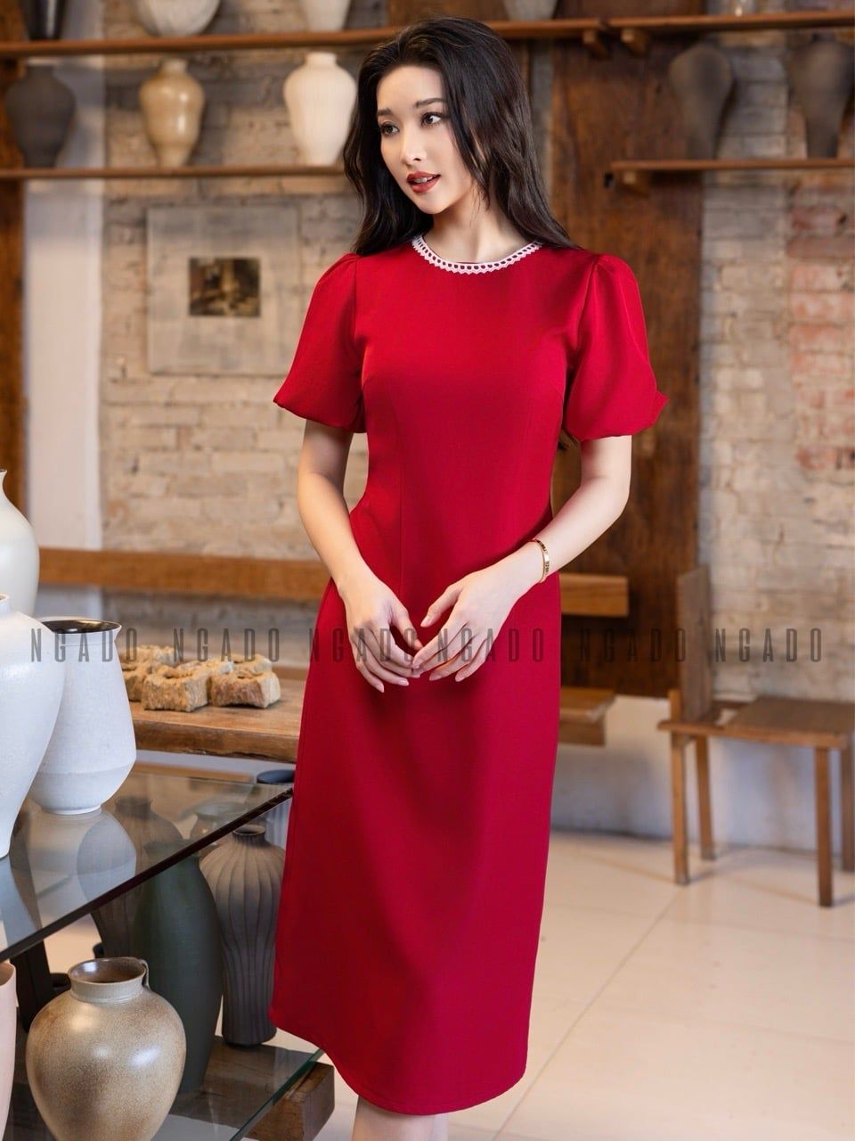 Đầm đỏ tay bí phối tà cổ – NGADO