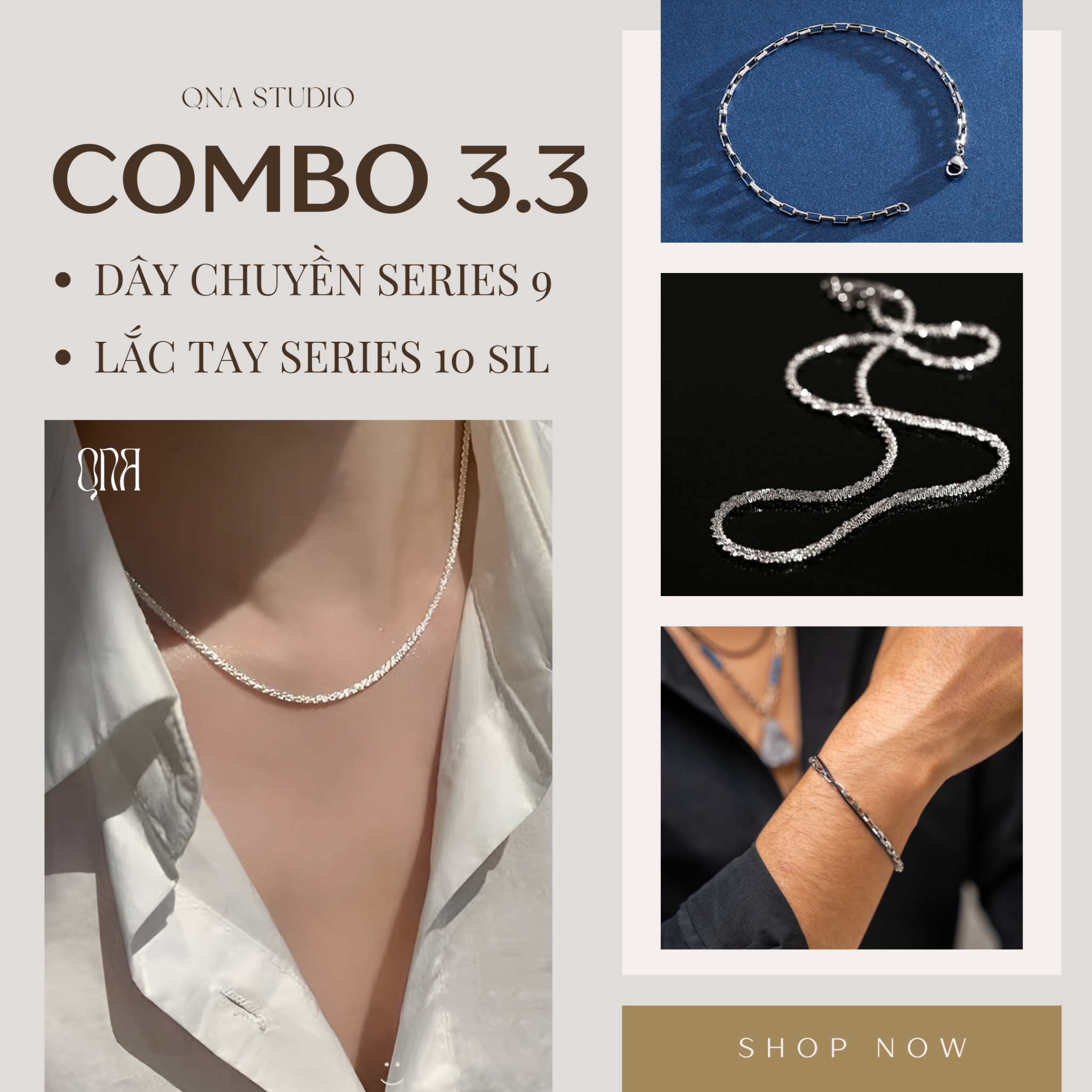 Combo 2.6 Luxyry Nam : Dây Chuyền Series 9 & Lắc Tay Series 9 Silver
