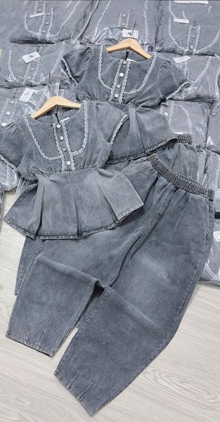 Set jeans tay hến phối viền ren đính nút mix quần dài - Z164 ( cạp chu ...