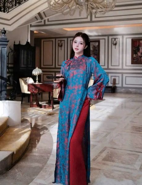Set 2 món áo dài vân hoa cổ thấp + quần lụa hottrend - XANH - E7 – VyMy ...