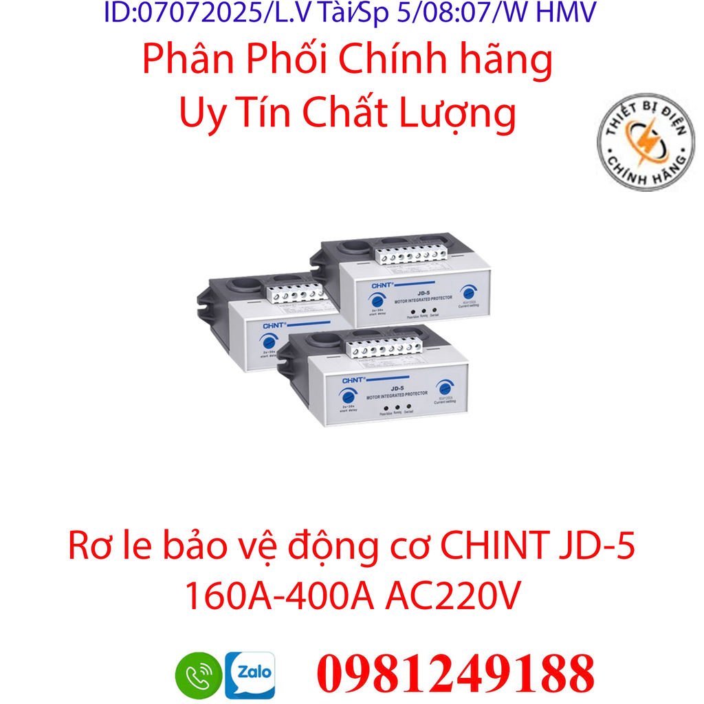 Rơ le bảo vệ động cơ CHINT JD-5 160A-400A AC220V – thietbidienchinhhang