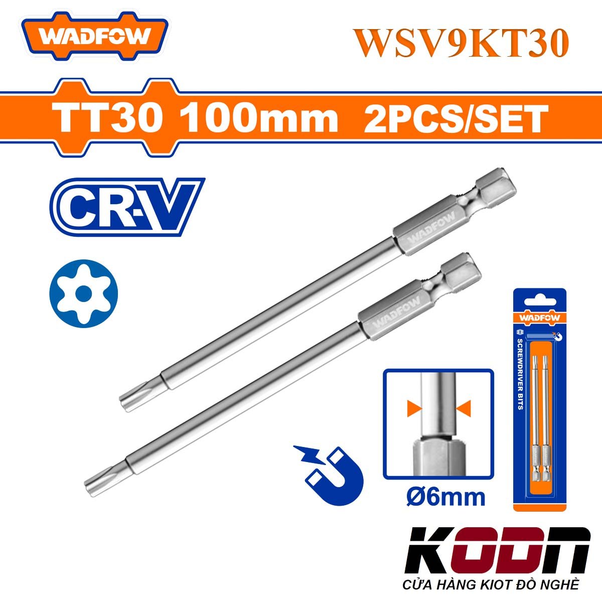 Bộ 2 mũi vặn vít lục giác bông 1/4 inch-TT30 WADFOW WSV9KT30
