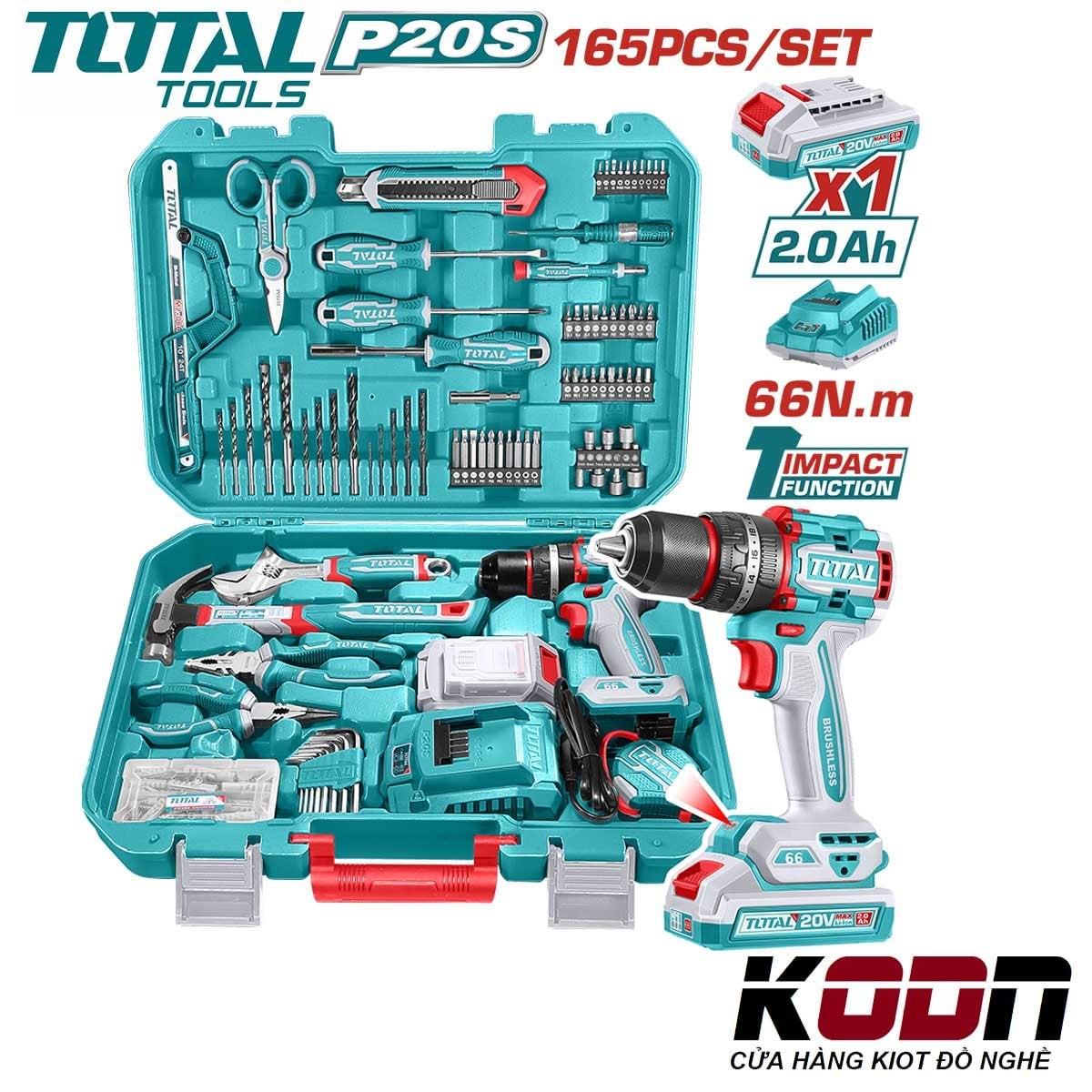 Bộ 165 món bao gồm máy khoan búa không chổi than dùng pin 20v ...