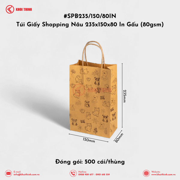 Túi Giấy Shopping Nâu 235x150x80 In Gấu (80gsm) đựng quà tặng giá sỉ ...