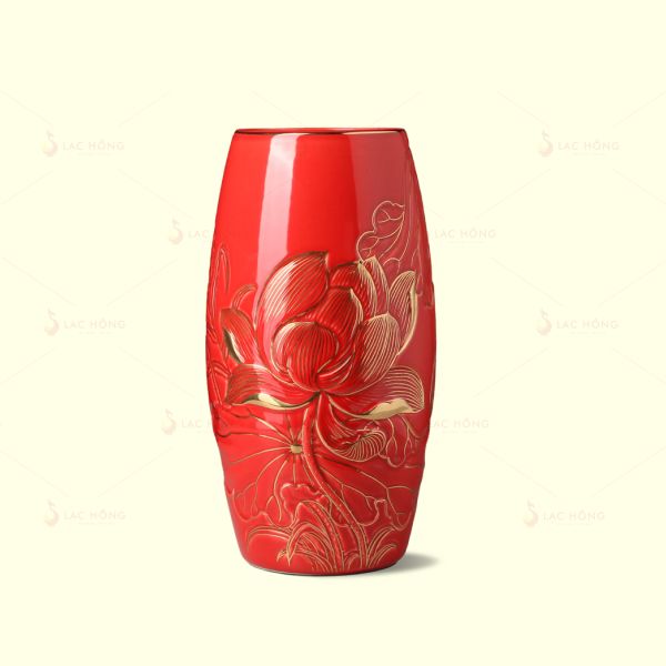 Lọ Hoa Dáng Bom Men Đỏ Sen Đại Kẻ Vàng – Xưởng Gốm Sứ Lạc Hồng